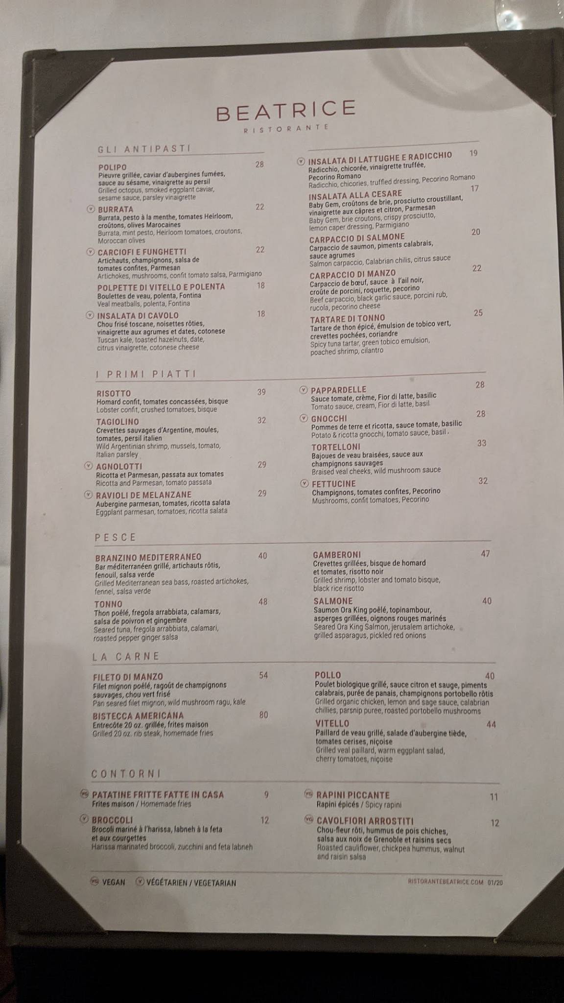 Menu au Beatrice restaurant, Montréal