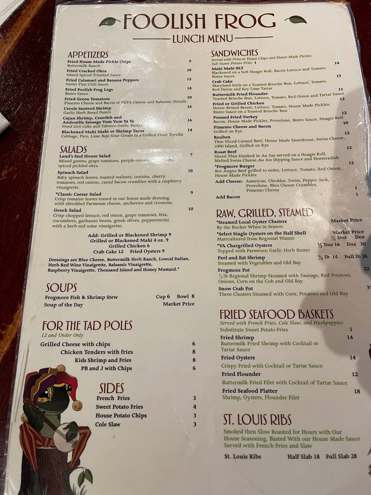 Menu at Foolish Frog restaurant, Saint Helena Island