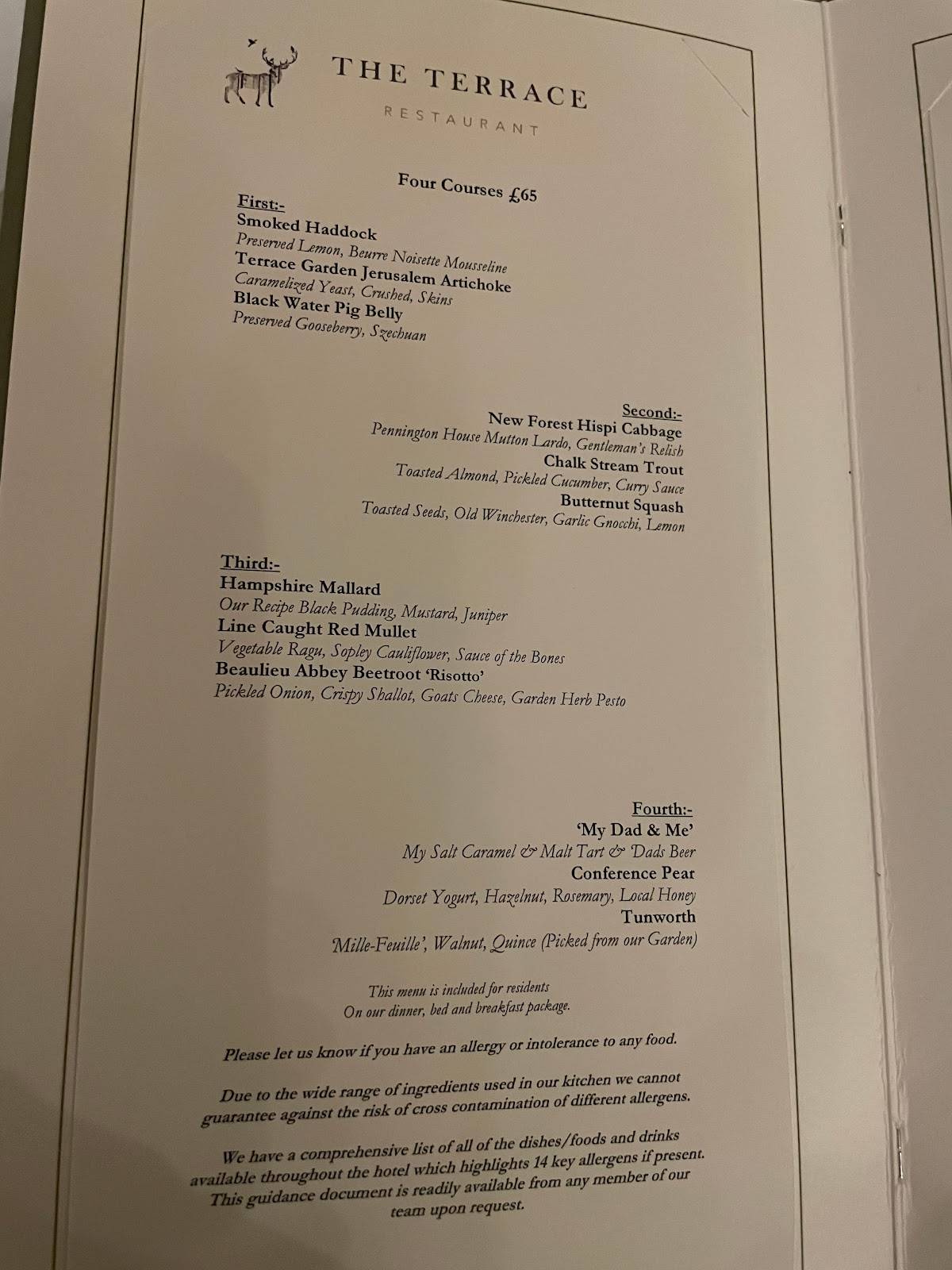 Menu at The Terrace Restaurant, Beaulieu, Palace Ln