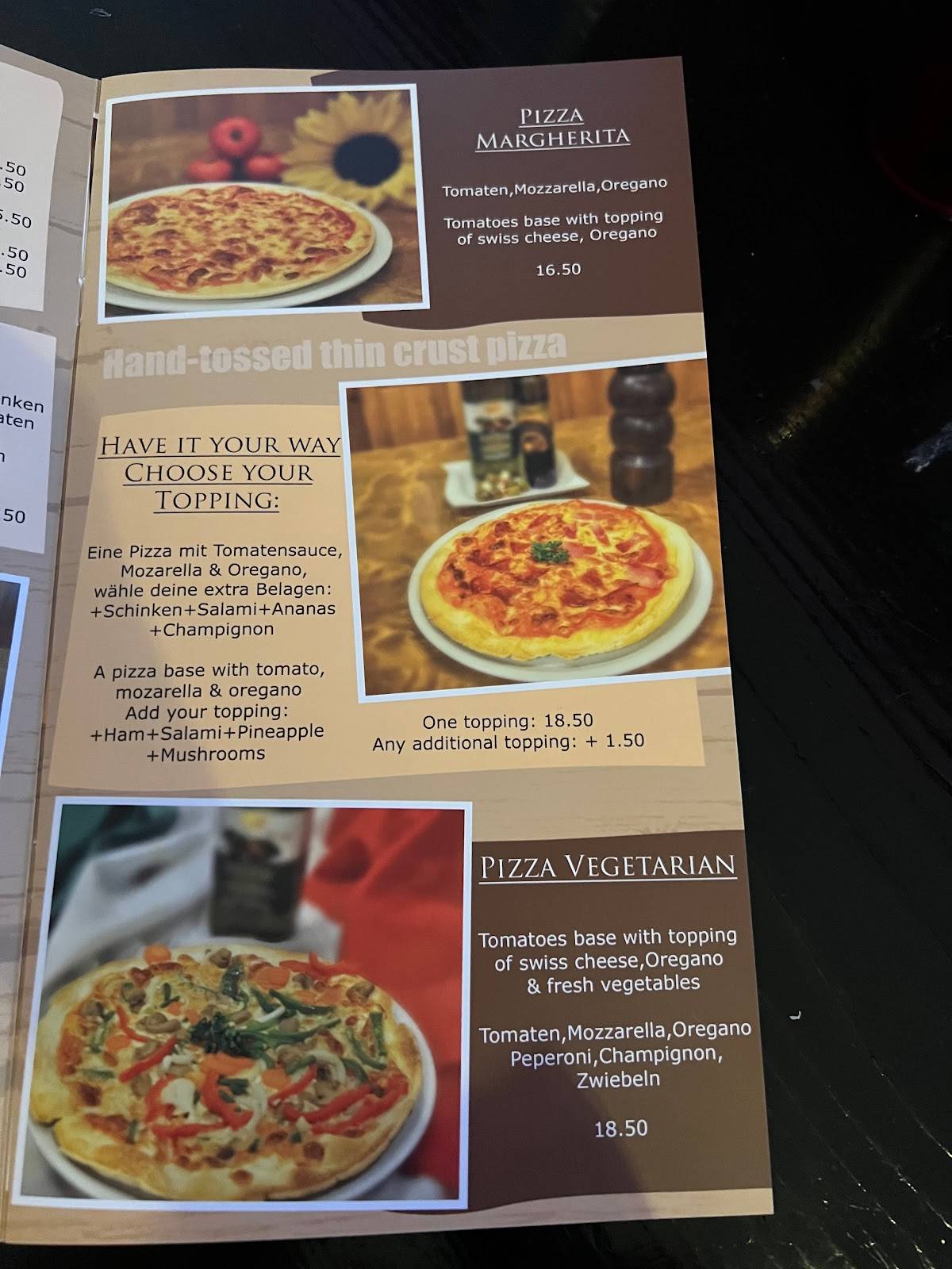 Menu at Bebbis, Interlaken