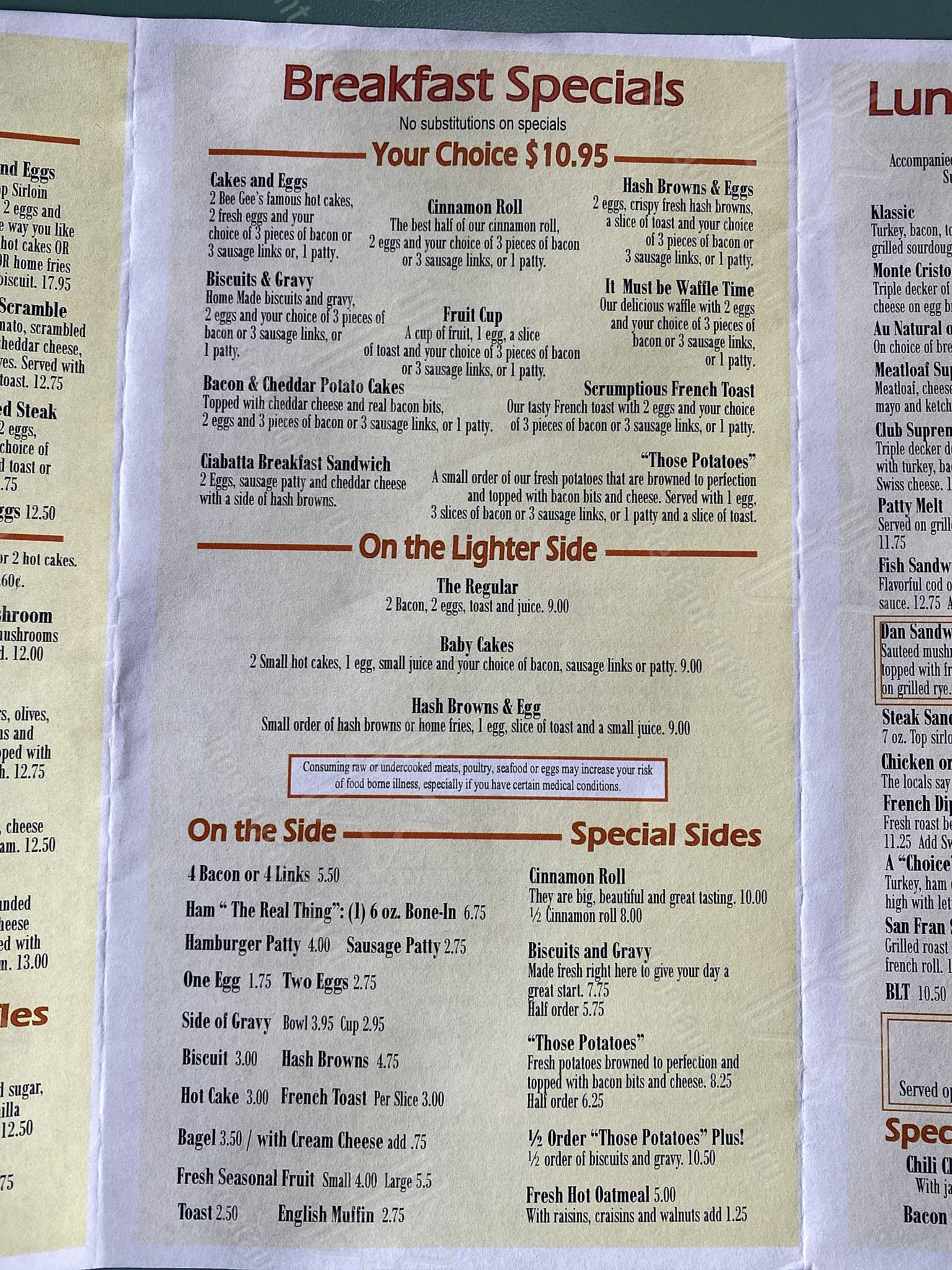 Menu at BeeGees Diner restaurant, Rogue River