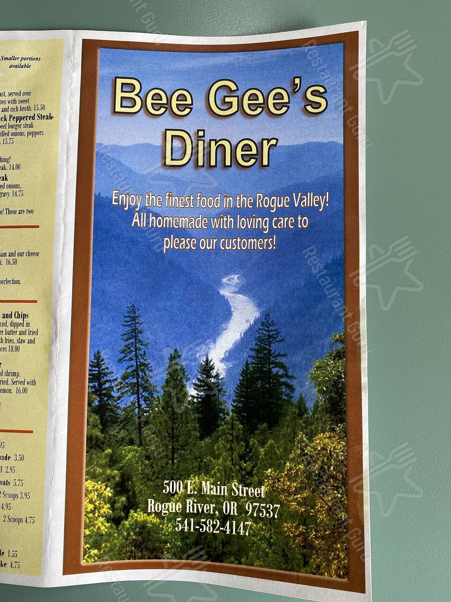 Menu at BeeGees Diner restaurant, Rogue River