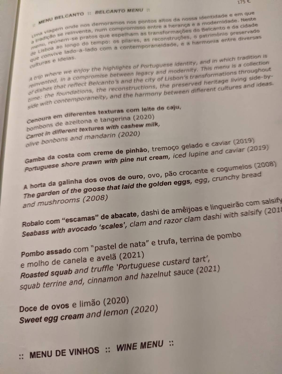Menu at Belcanto restaurant, Lisbon, R. Serpa Pinto 10A