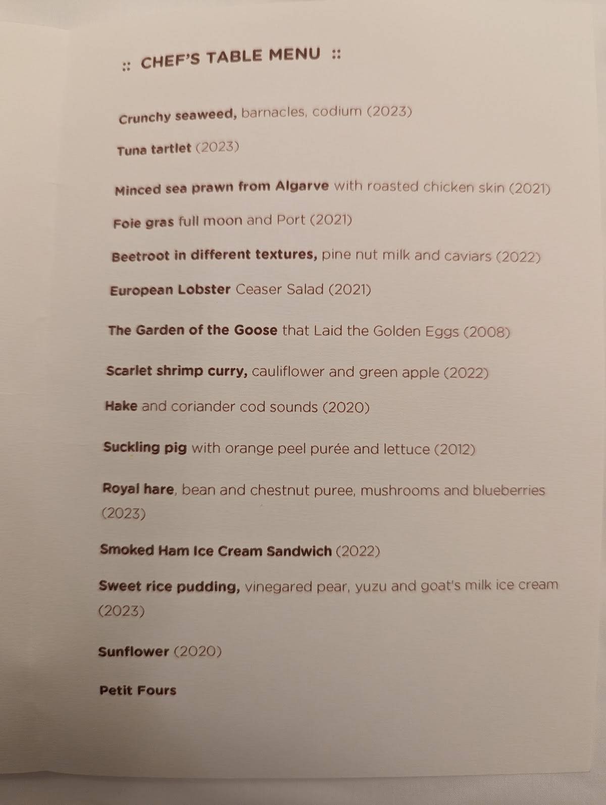Menu at Belcanto restaurant, Lisbon, R. Serpa Pinto 10A