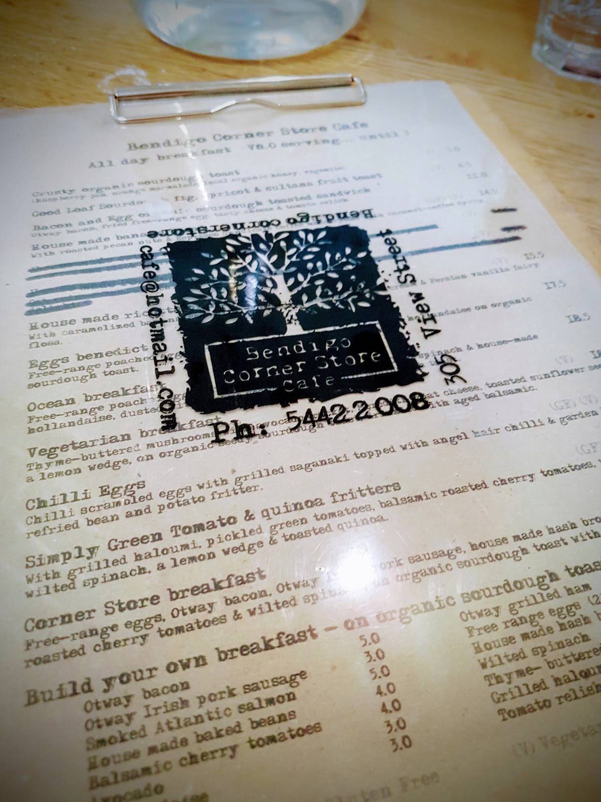 Menu at Bendigo Corner Store Cafe, Bendigo