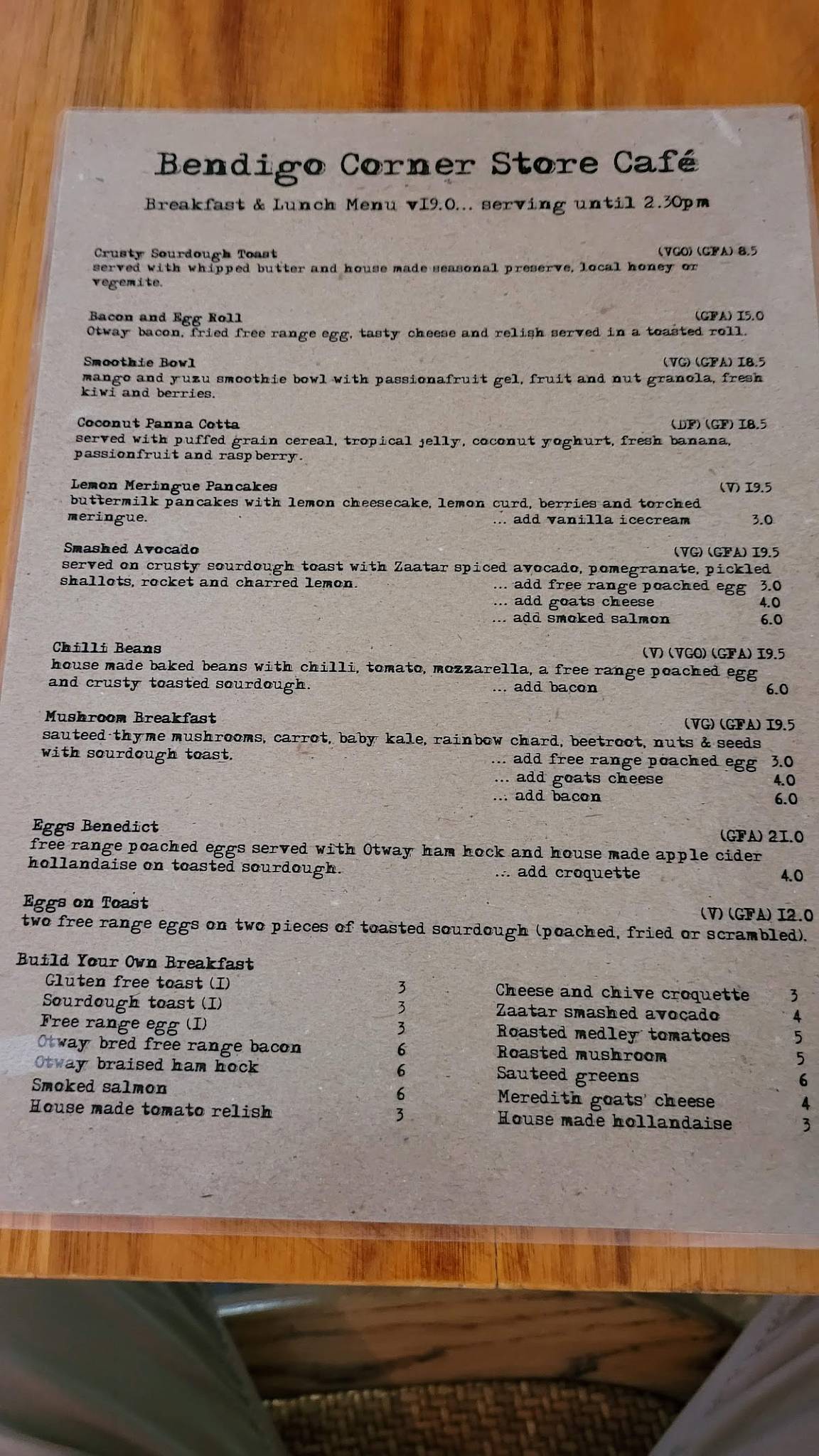 Menu at Bendigo Corner Store Cafe, Bendigo