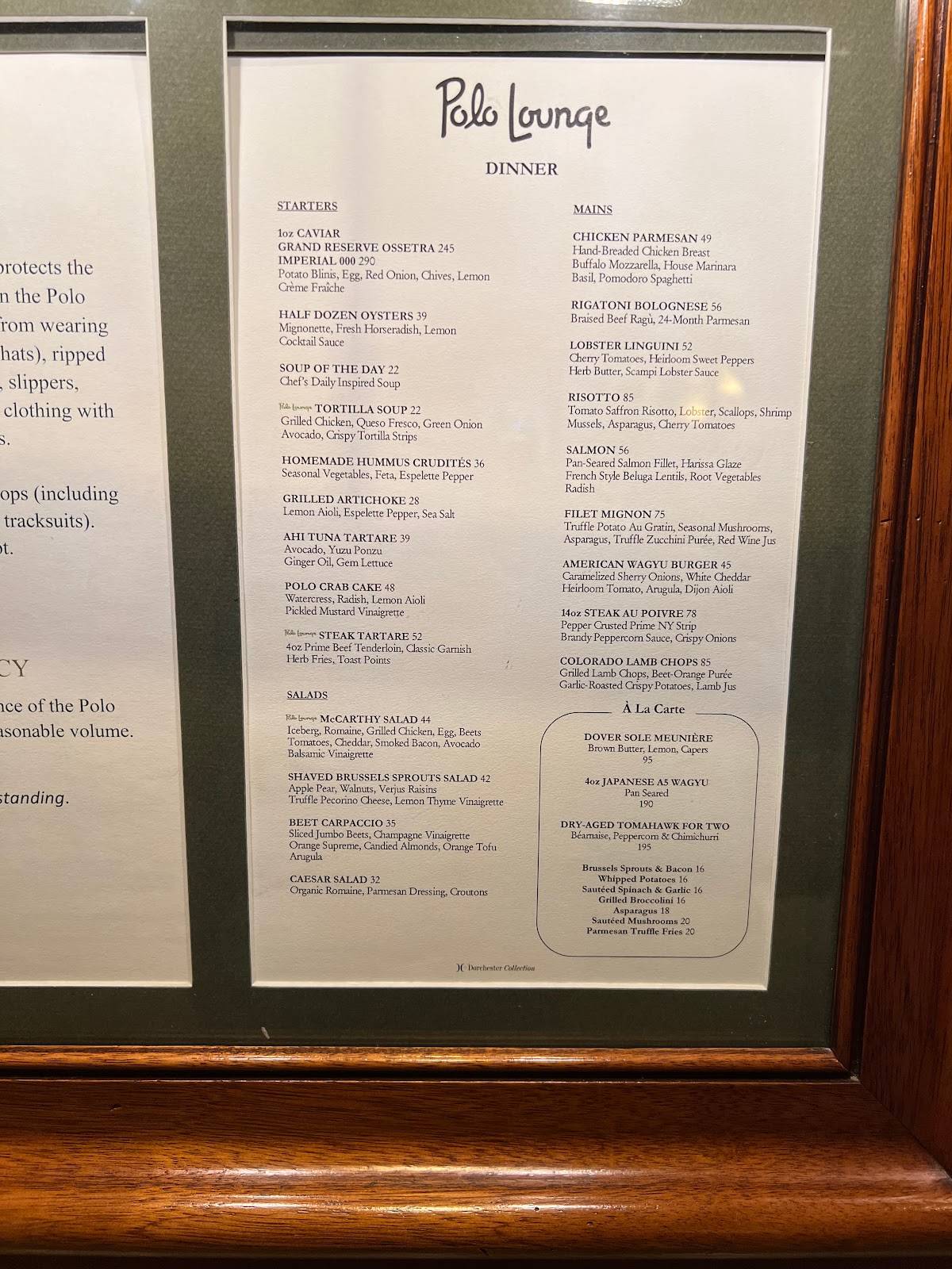 Menu at Polo Lounge restaurant, Beverly Hills