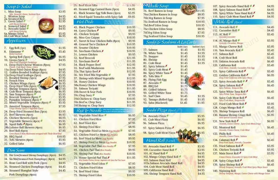 Menu at Beyond Sushi restaurant, North Bay