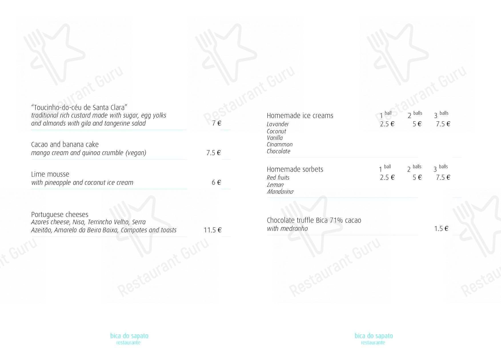 Menu at Bica do Sapato restaurant, Lisbon