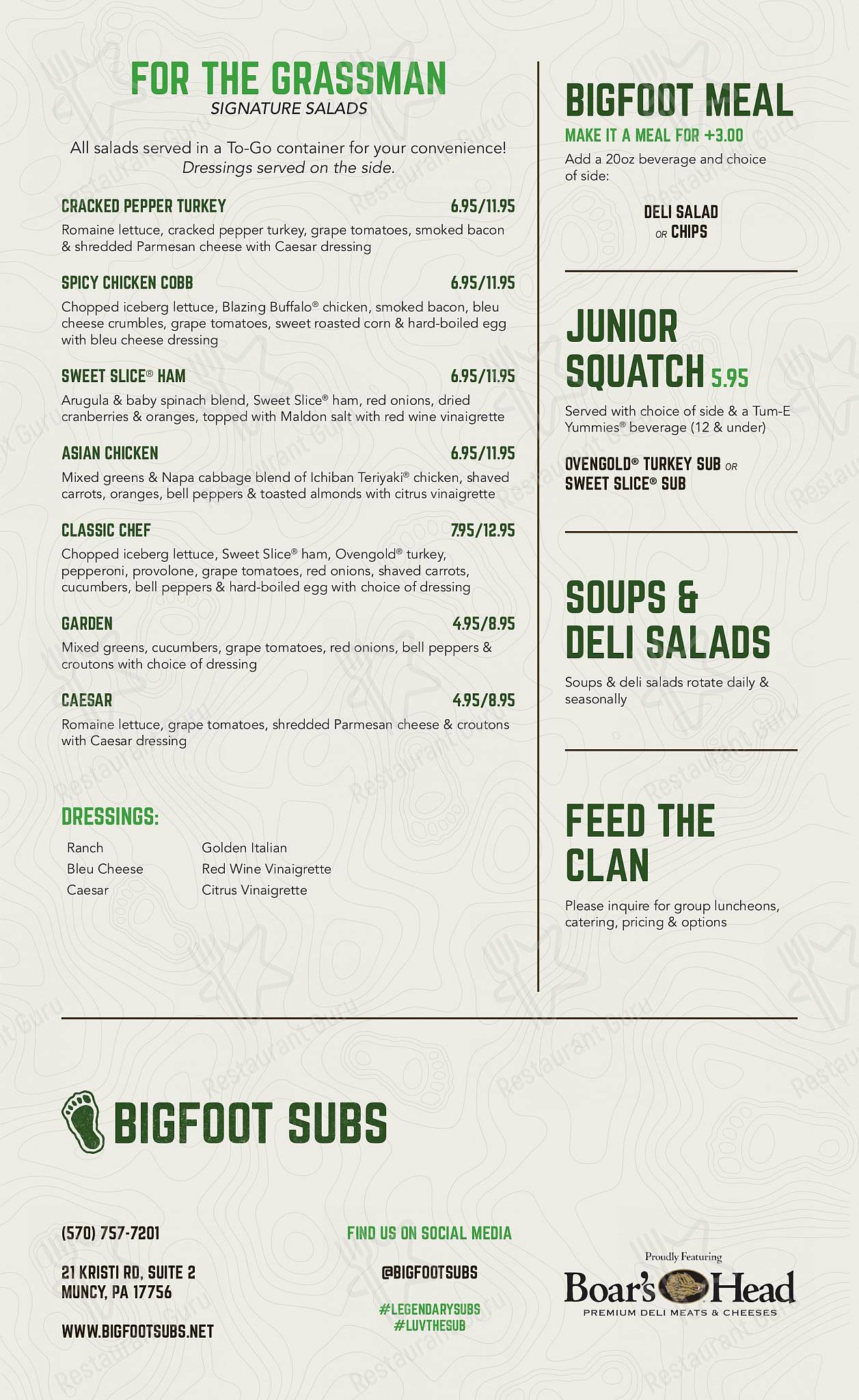 Menu at Bigfoot Subs restaurant, Muncy