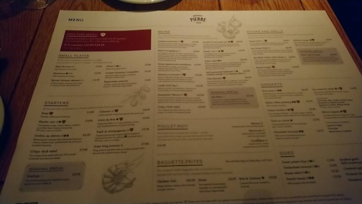 Menu at Bistrot Pierre restaurant, Nottingham