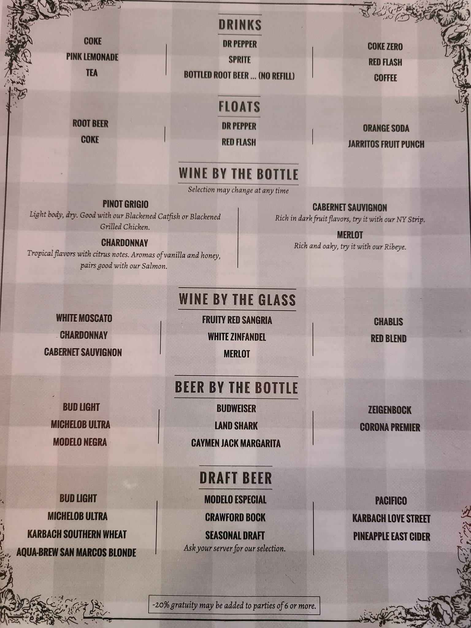 Menu at Blake's Cafe, McQueeney