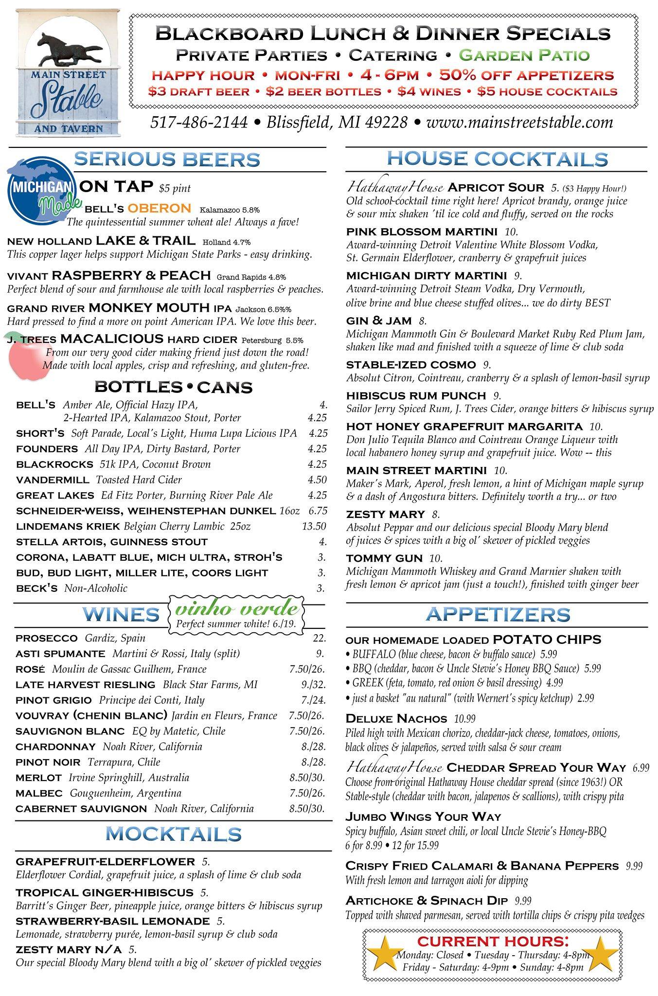 Menu at Main Street Stable & Tavern restaurant, Blissfield