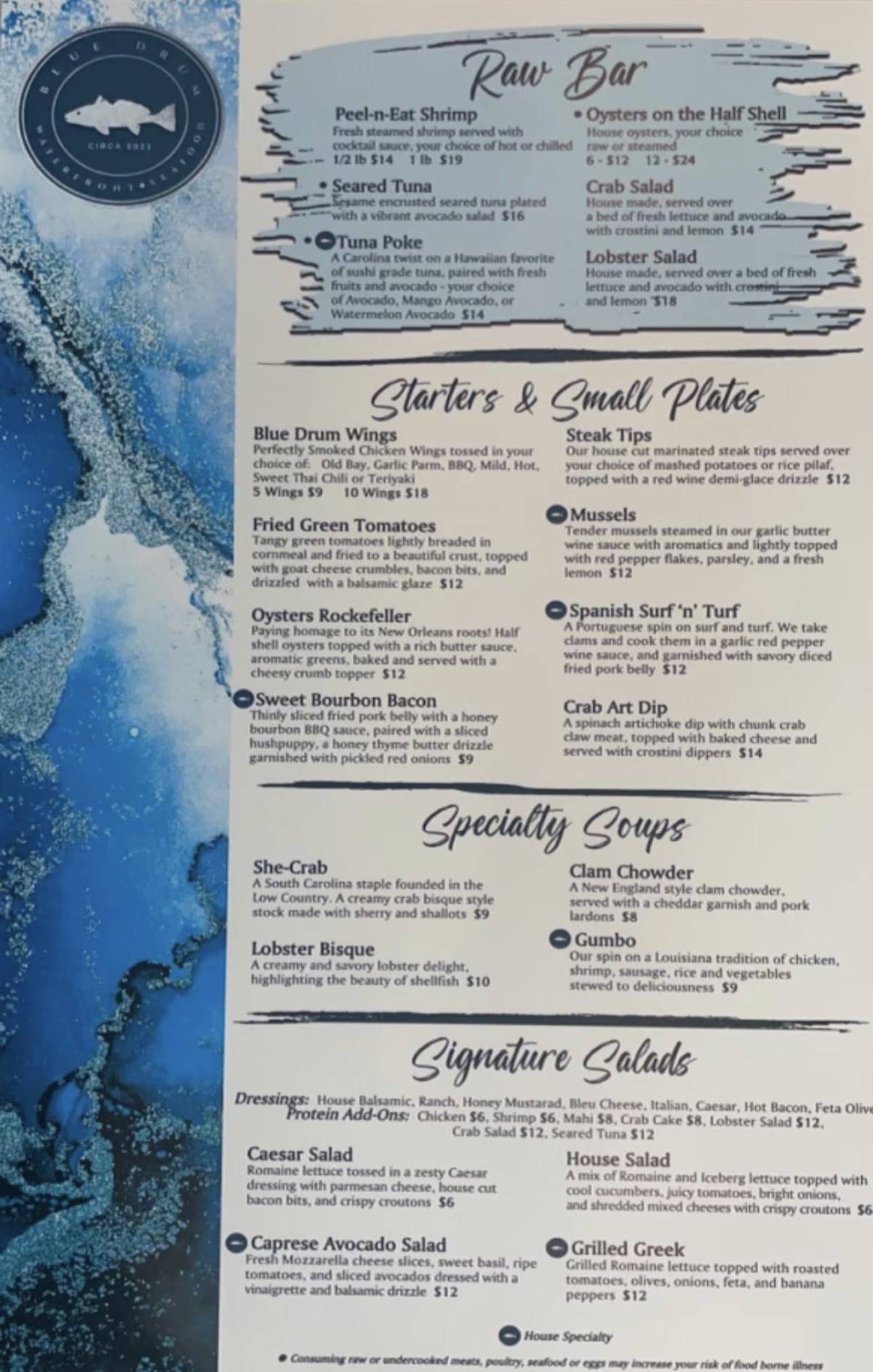 Menu at Blue Drum Waterfront restaurant, Little River