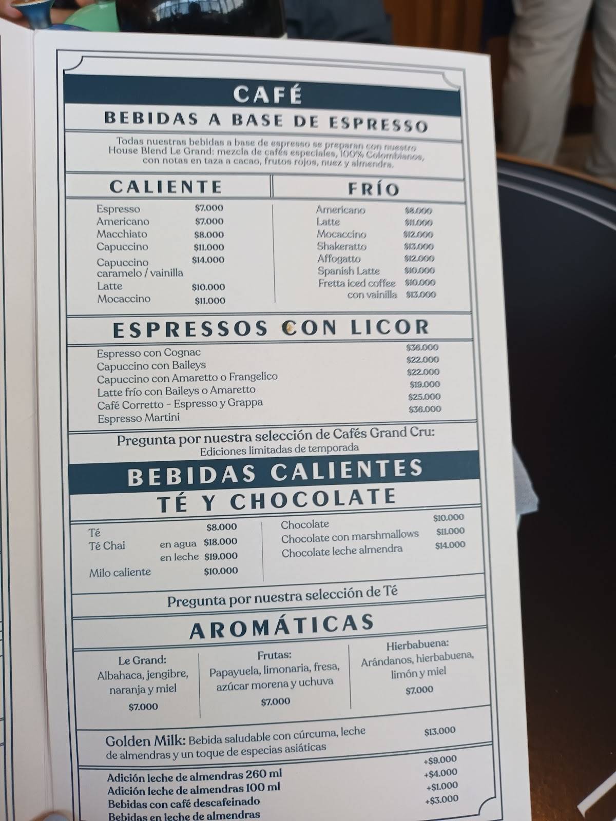 Menu at Le Grand Bogotá restaurant, Bogotá