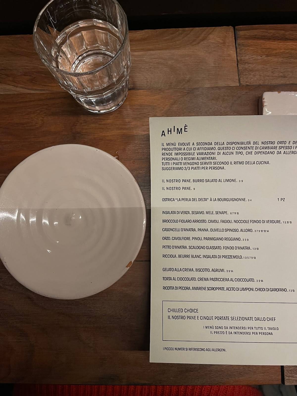 Menu at Ahimè restaurant, Bologna, Via S. Gervasio