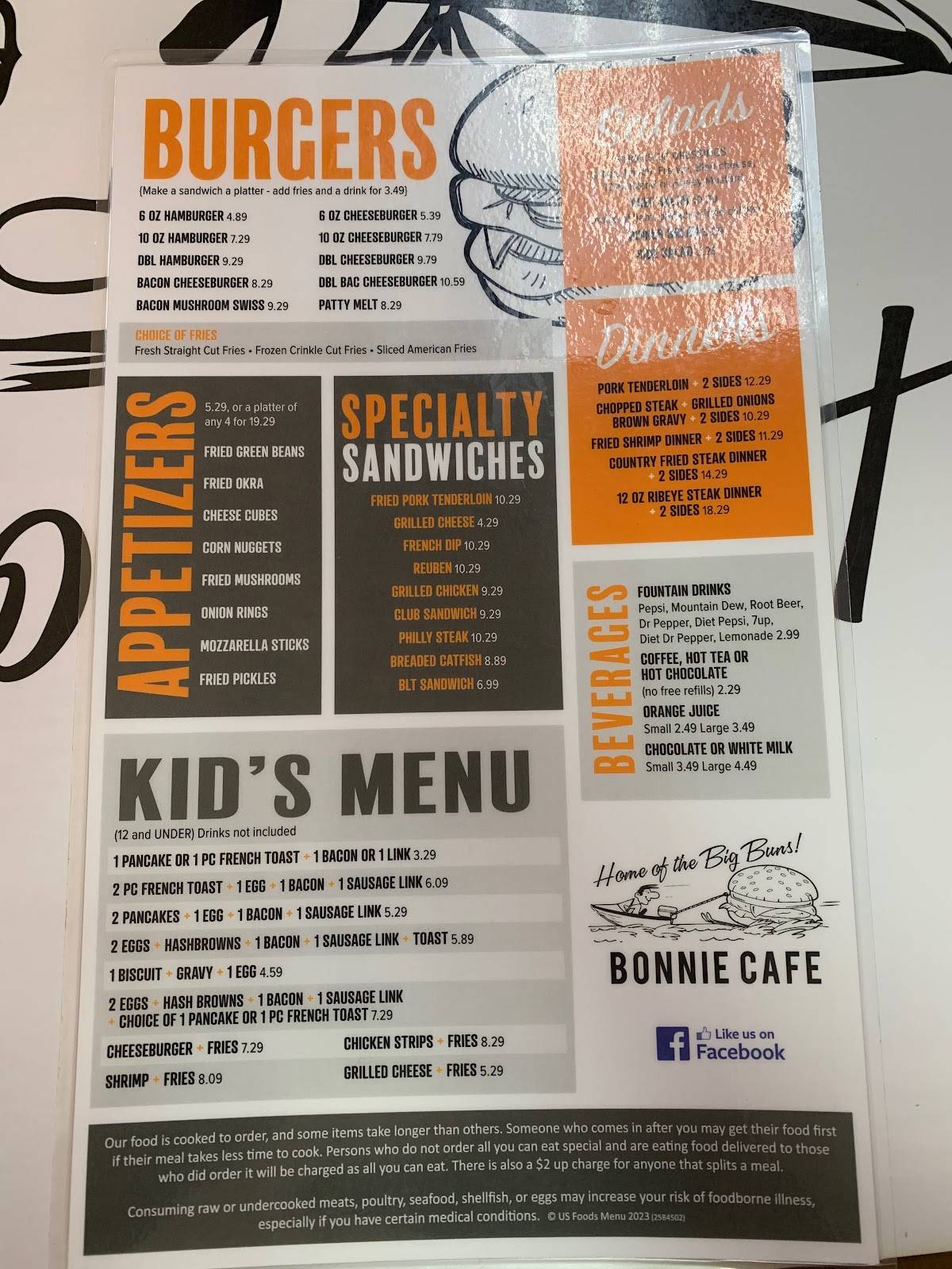 Menu at Bonnie Cafe, Osage Beach