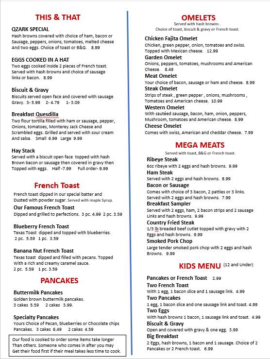 Menu at Bonnie Cafe, Osage Beach