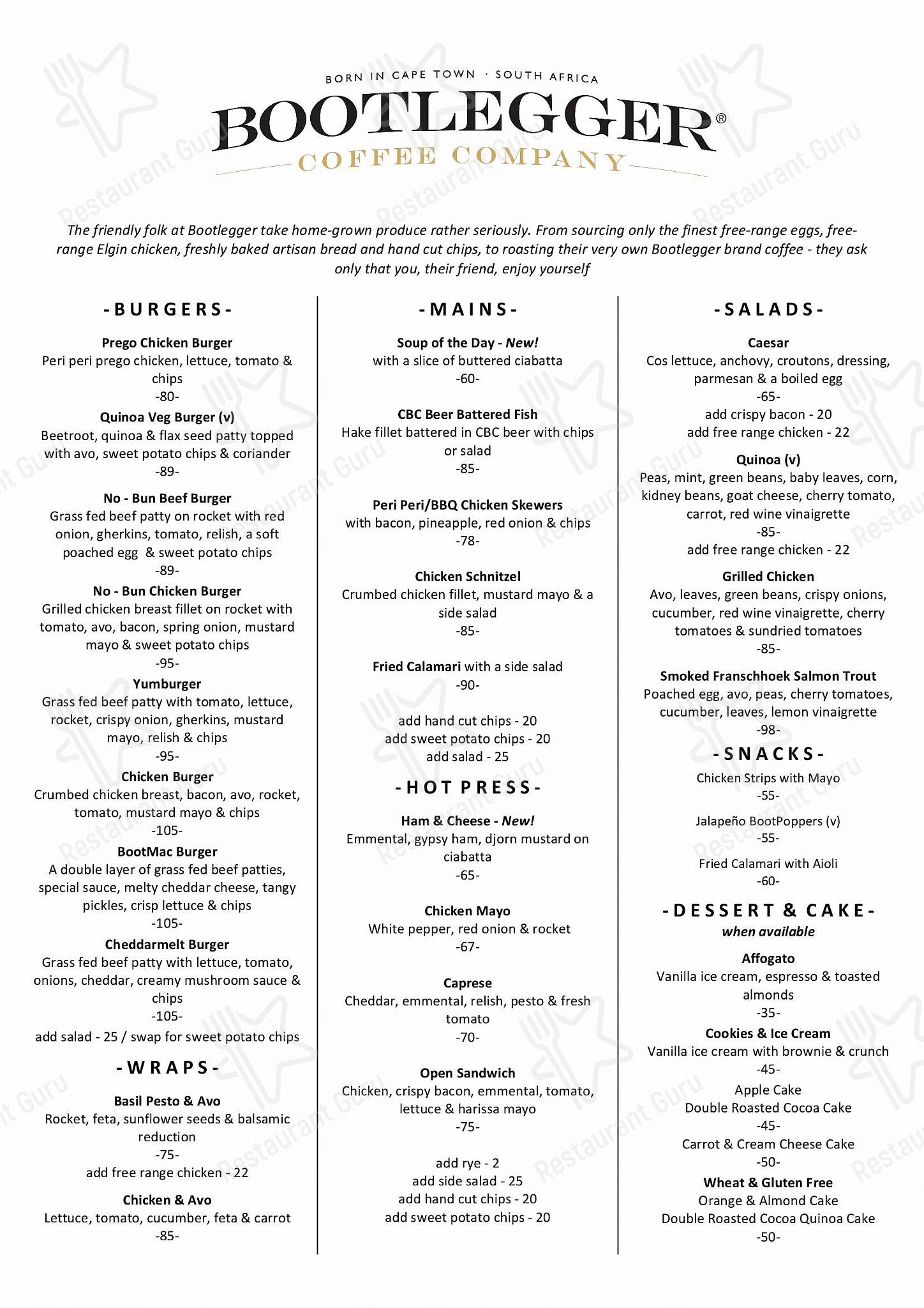 Carta del café Bootlegger Coffee Company, Ciudad del Cabo, Pam Golding ...
