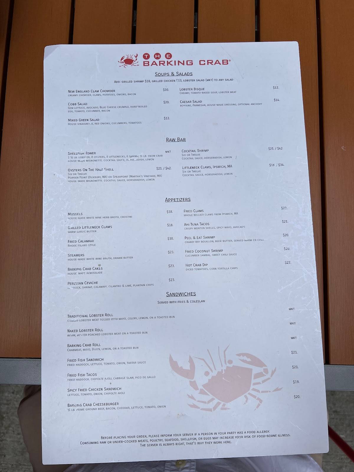 Menu at The Barking Crab, Boston