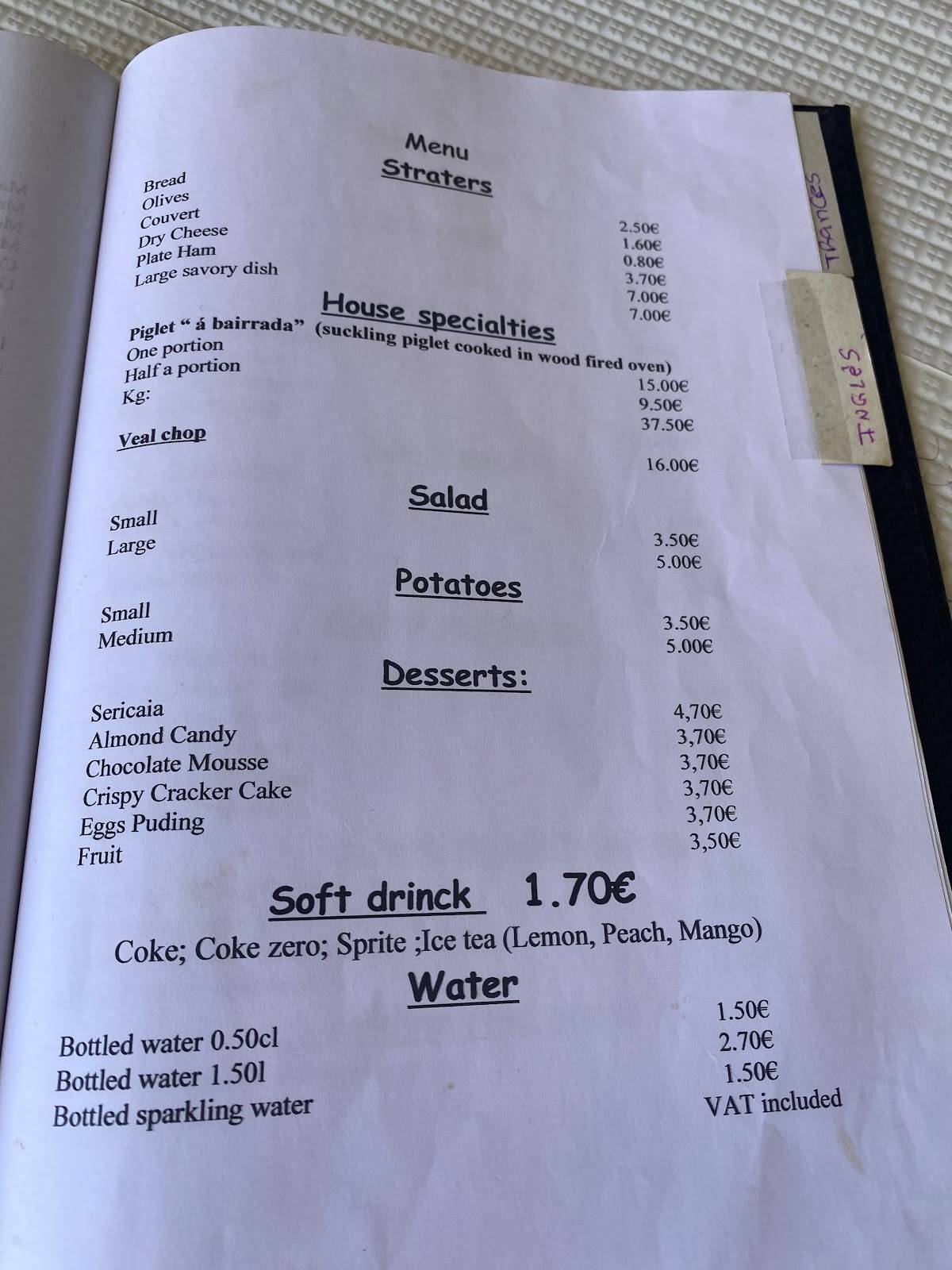 Menu em Restaurante Bota Feijão, Lisboa