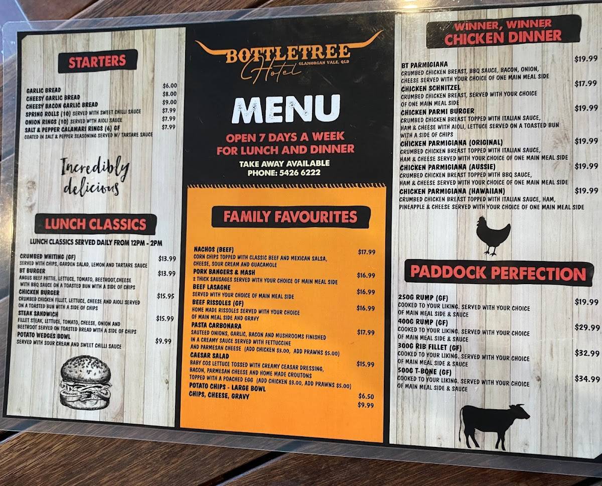 Menu at Bottletree Hotel pub & bar, Fernvale