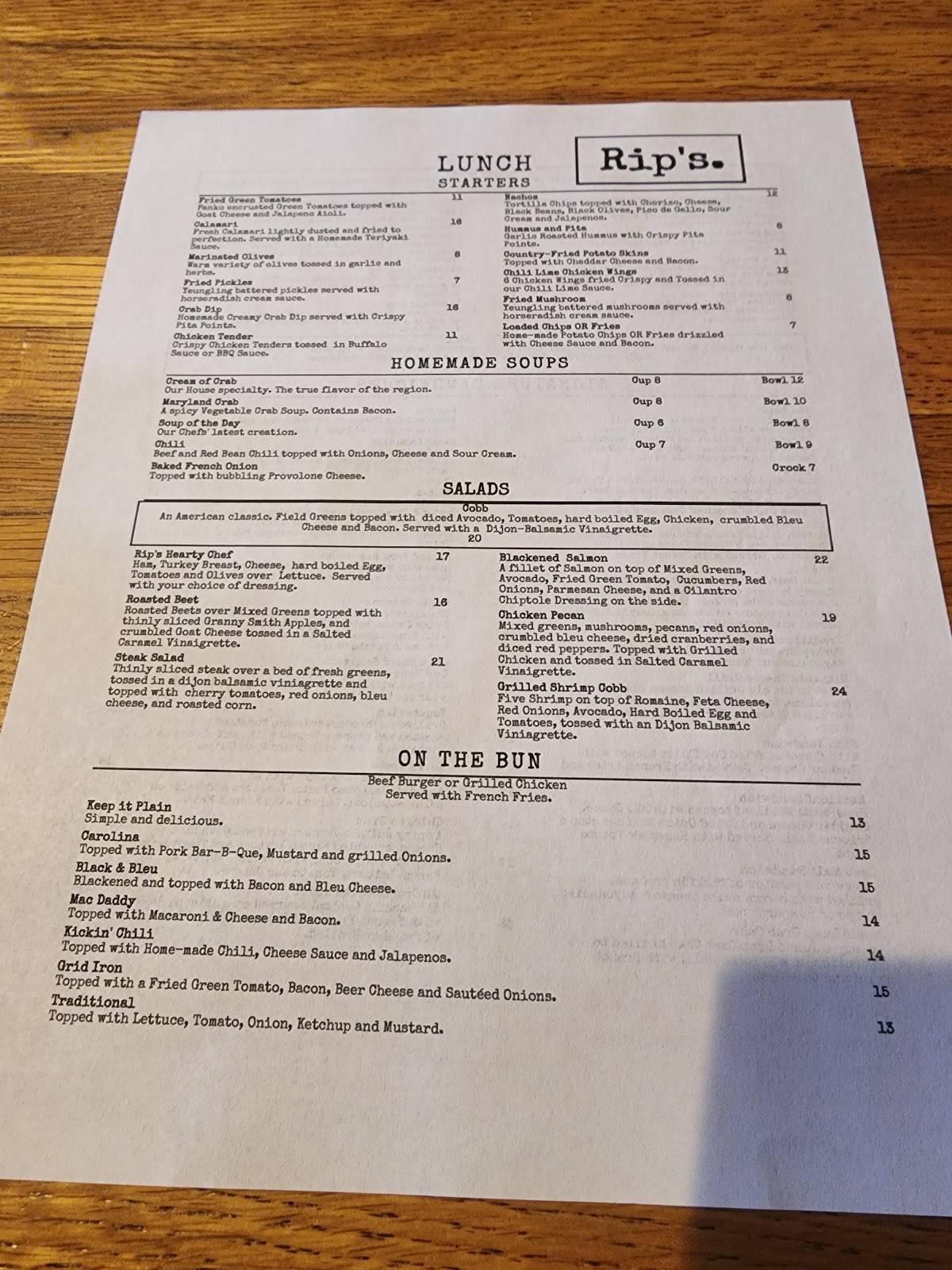 Menu at Rips Country Inn pub & bar, Bowie