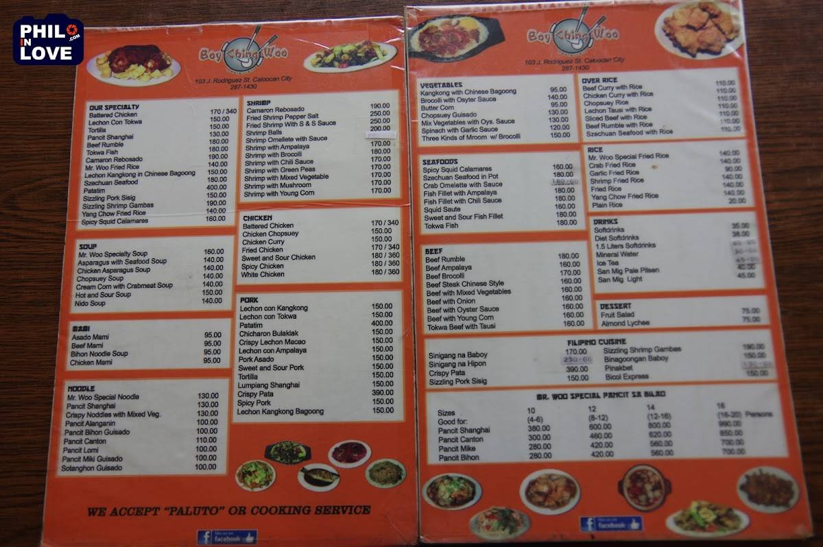 Menu at Boy Ching Woo Restaurant, Caloocan, BCW Building