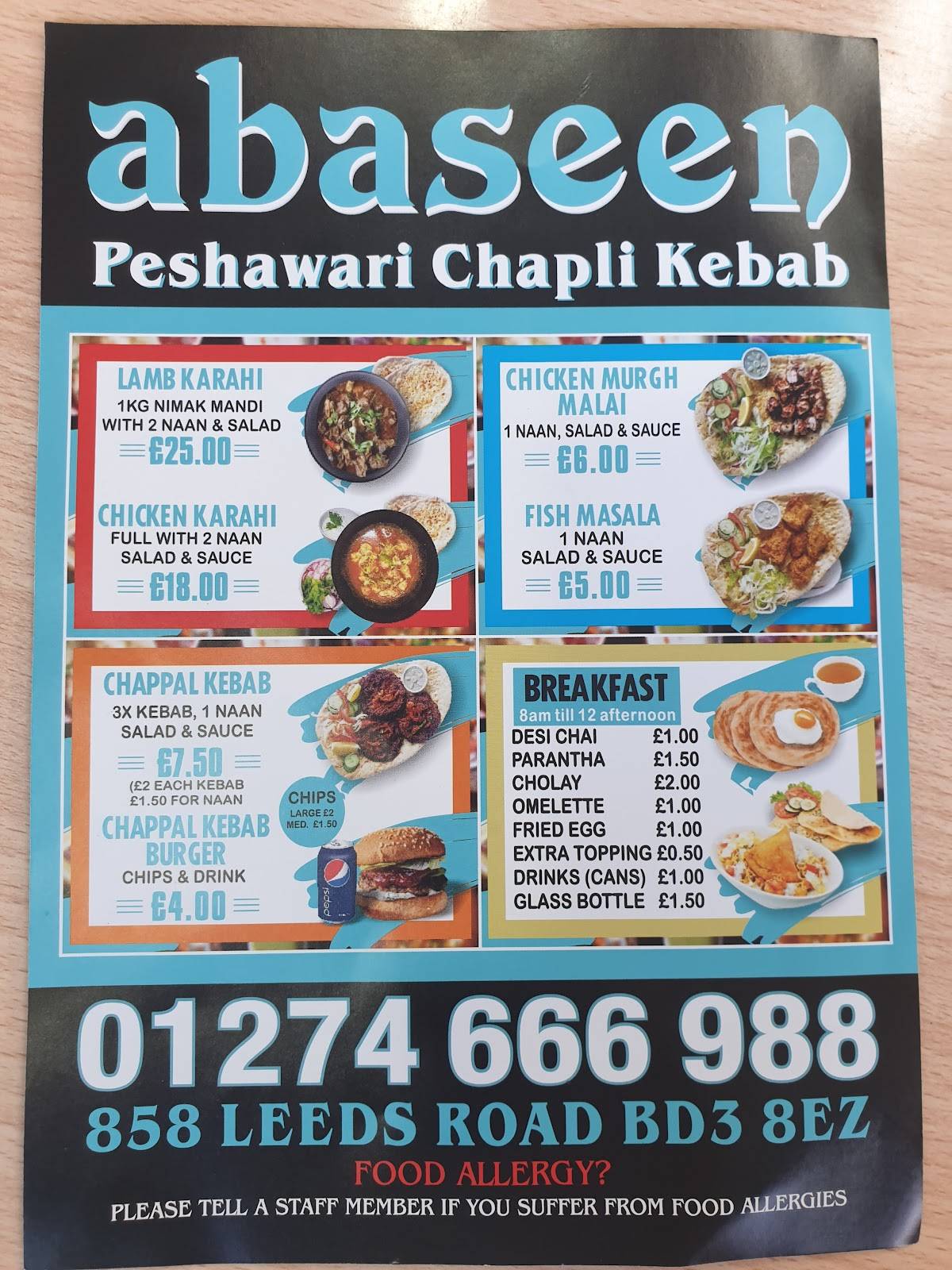 Menu at Abaseen restaurant, Bradford, 858 Leeds Rd