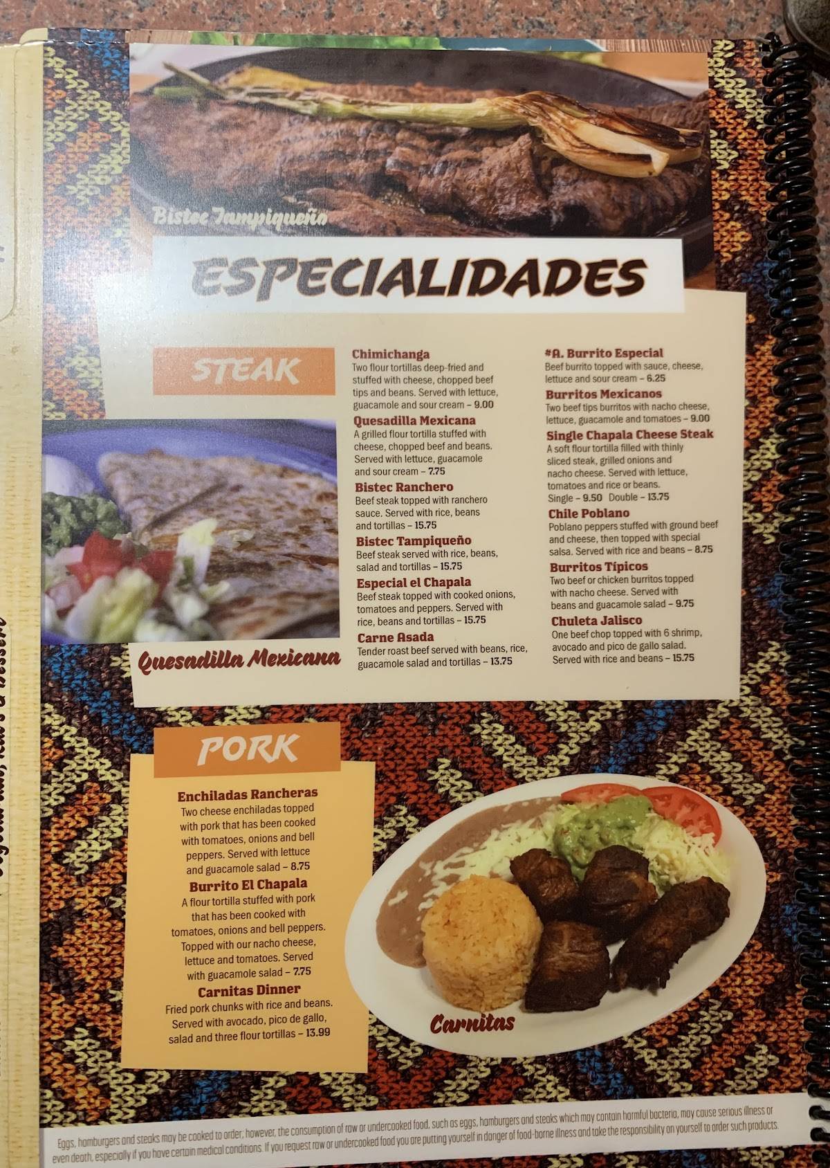 Menu at El Chapala restaurant, Pisgah Forest, 69 Hendersonville Hwy