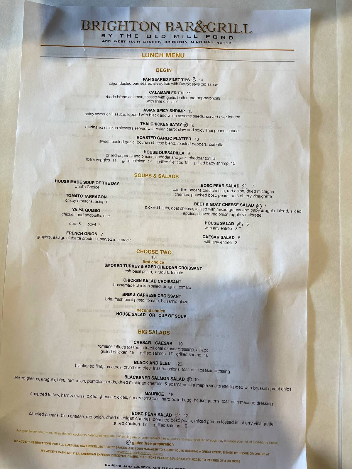 Menu at Brighton Bar & Grill, Brighton
