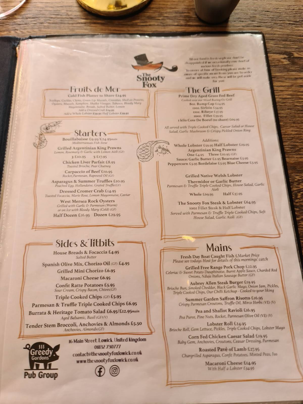 Menu at The Snooty Fox pub & bar, Brigstock