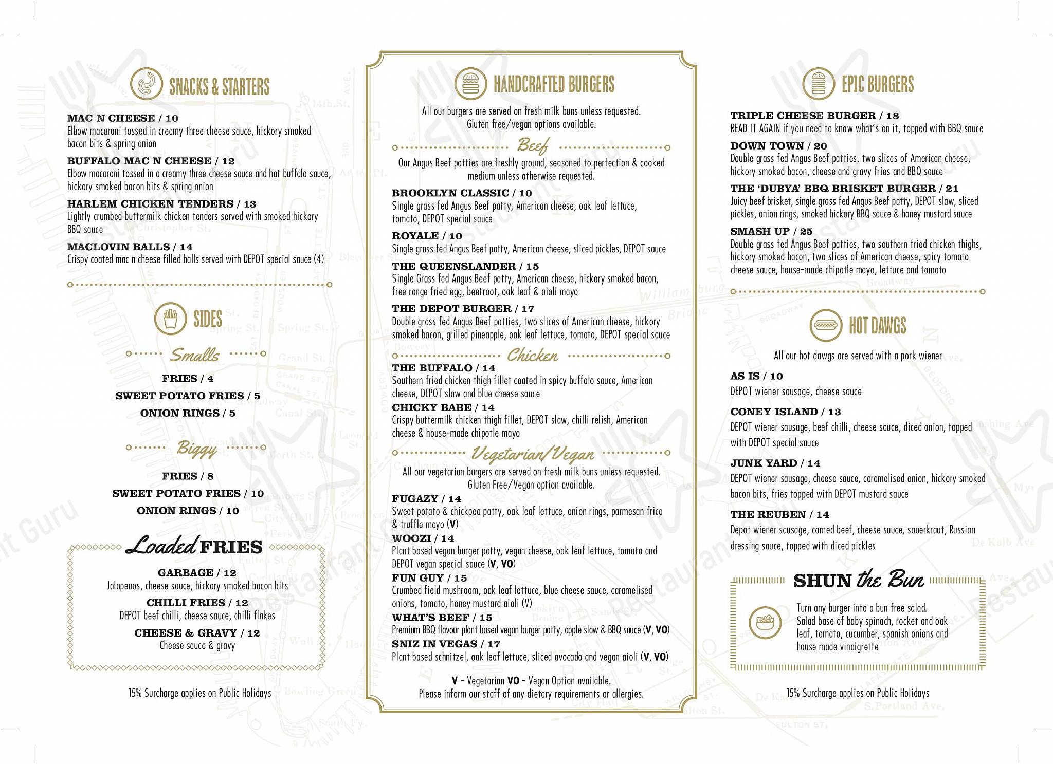 Menu at Brooklyn Depot, Southbank, Brisbane pub & bar, South Brisbane