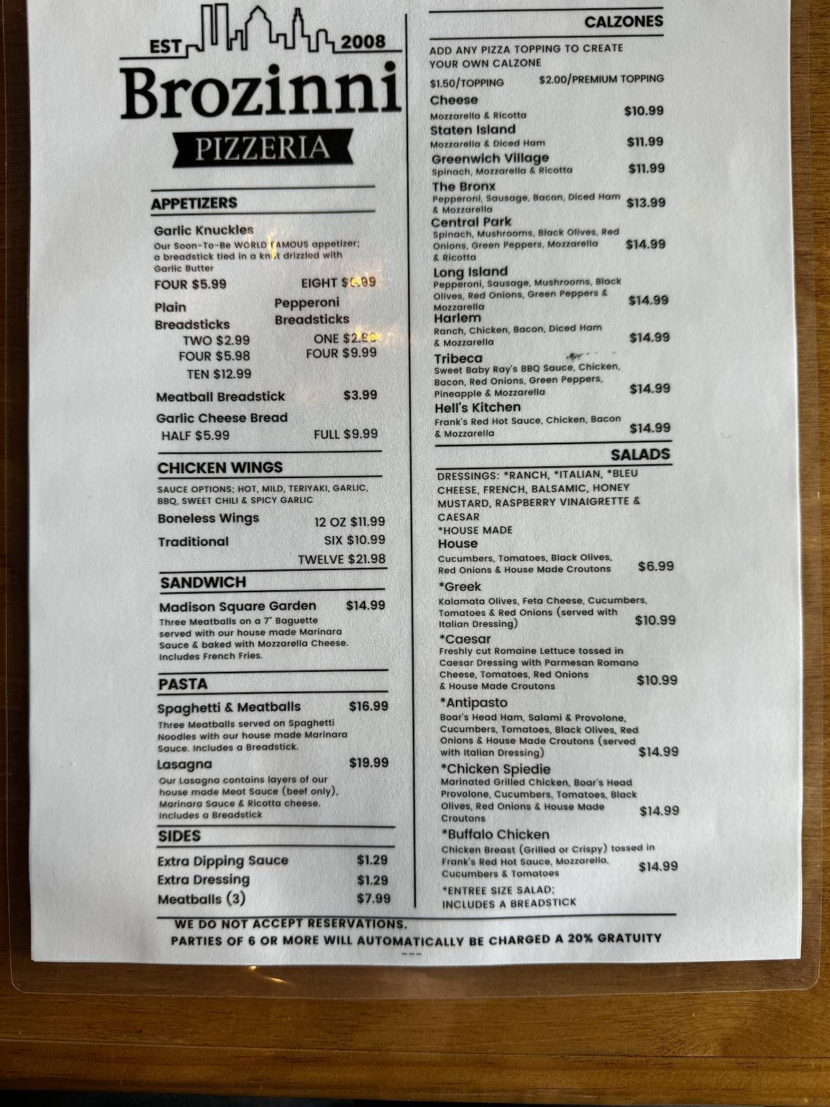 Menu at Brozinni Pizzeria, Indianapolis, S Emerson Ave # 240