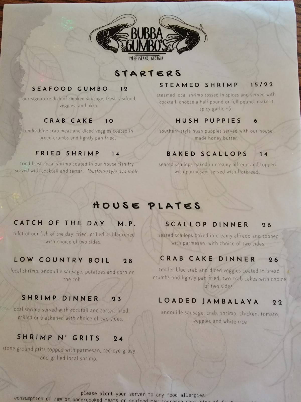Menu at Bubba Gumbo’s restaurant, Tybee Island
