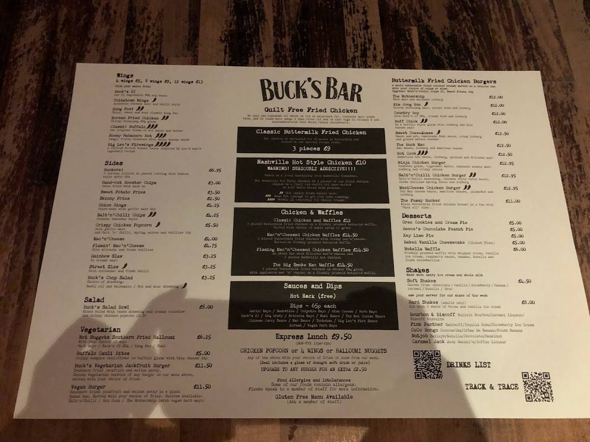 Menu at Buck's Bar, Glasgow