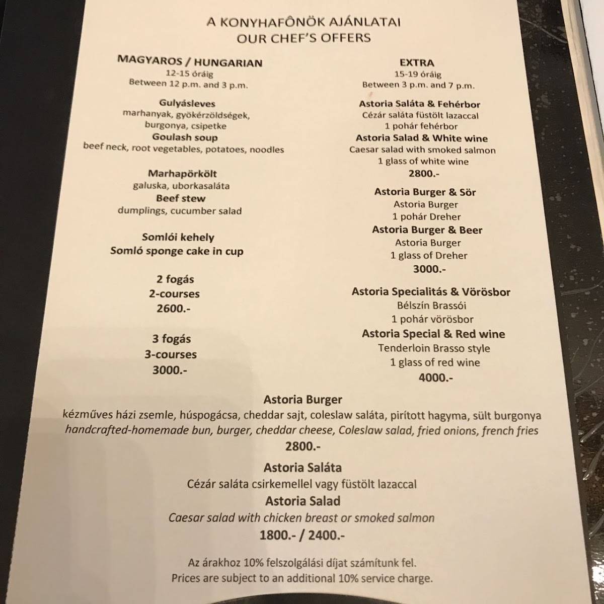 Menu at Café Astoria Restaurant, Budapest
