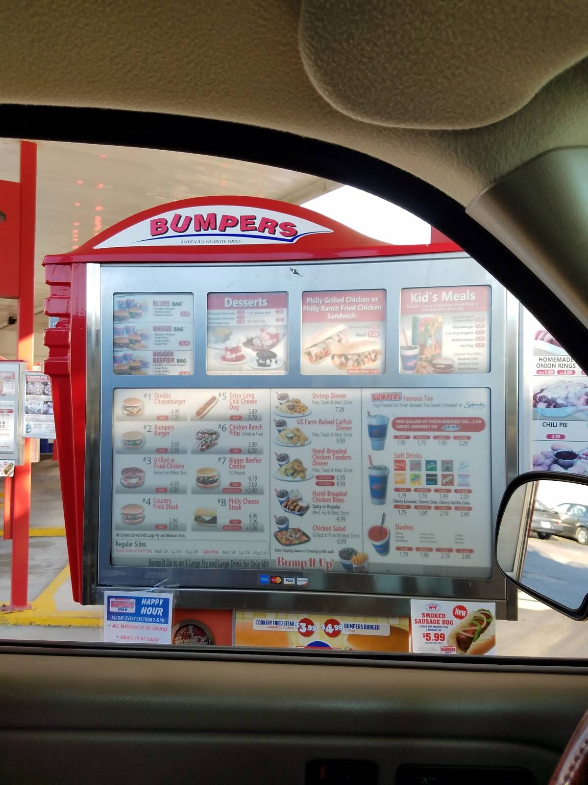Menu at Bumpers Drive-In of America fast food, Baldwyn