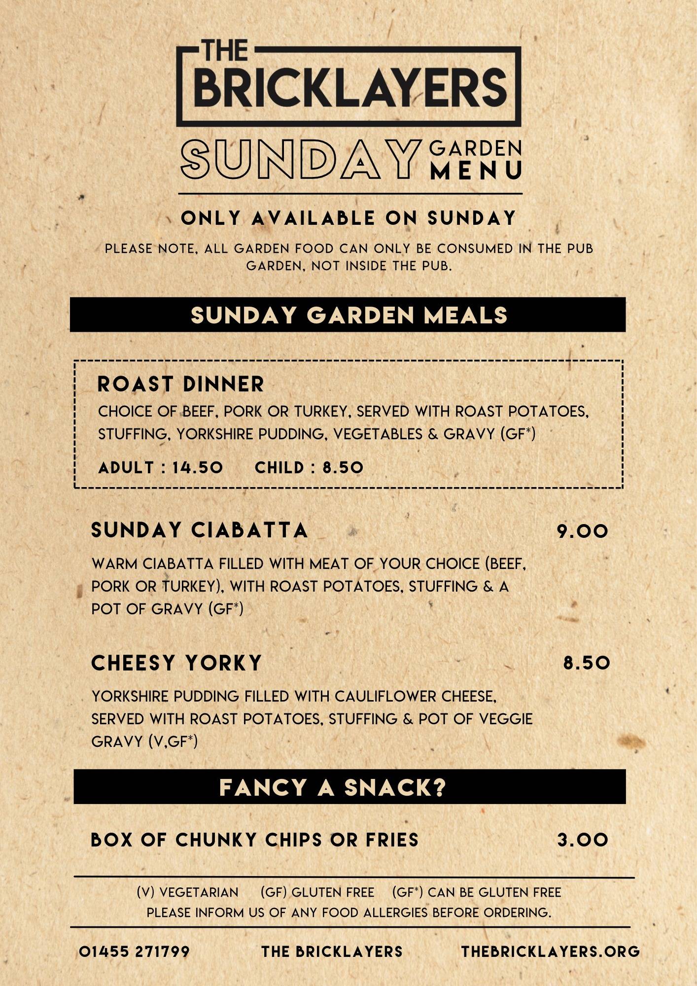 Menu at The Bricklayers pub & bar, Burbage