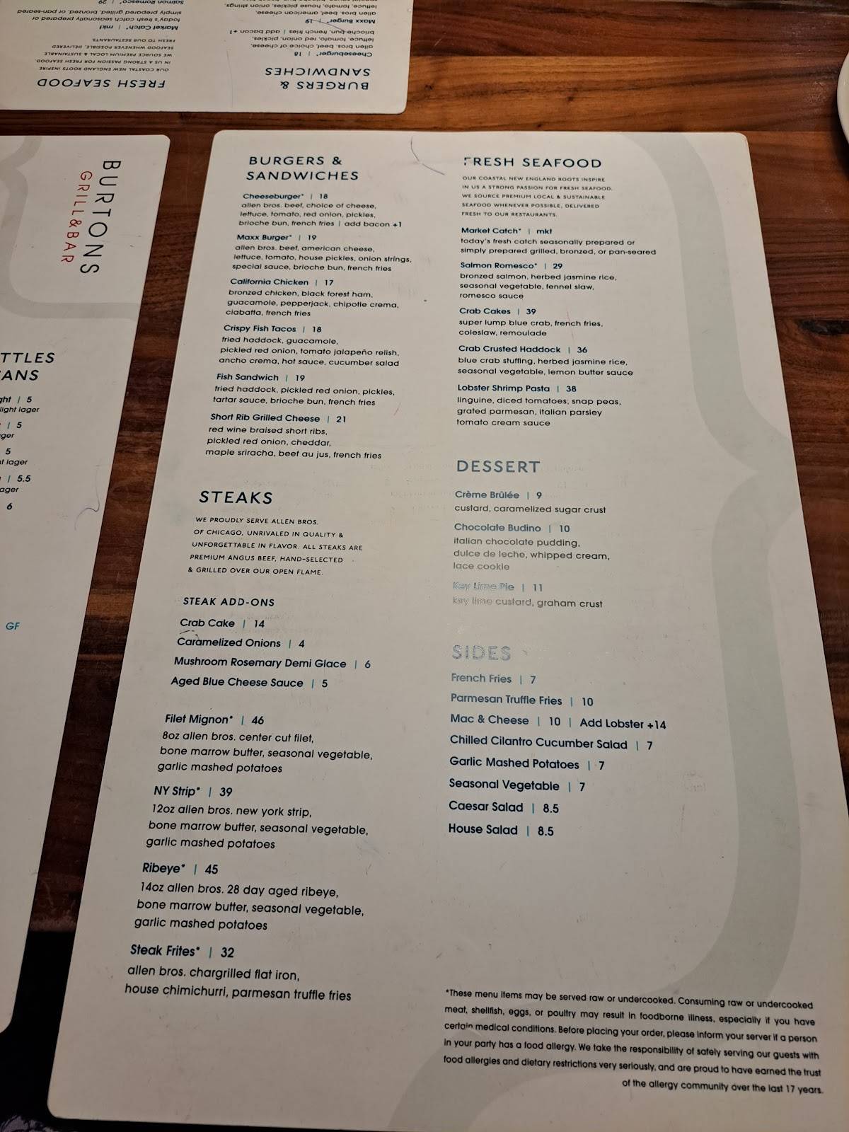 Menu at Burtons Grill & Bar, Boca Raton