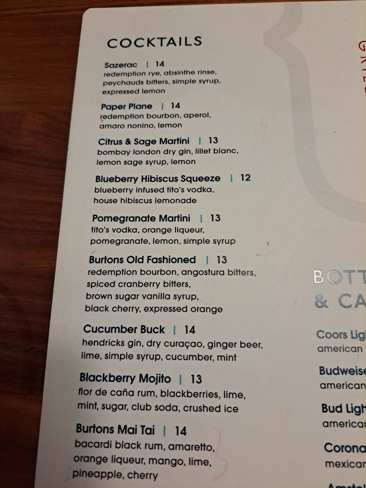Menu at Burtons Grill & Bar, Boca Raton