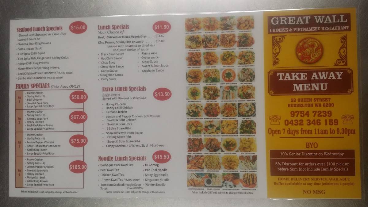Menu at Great Wall restaurant, Busselton