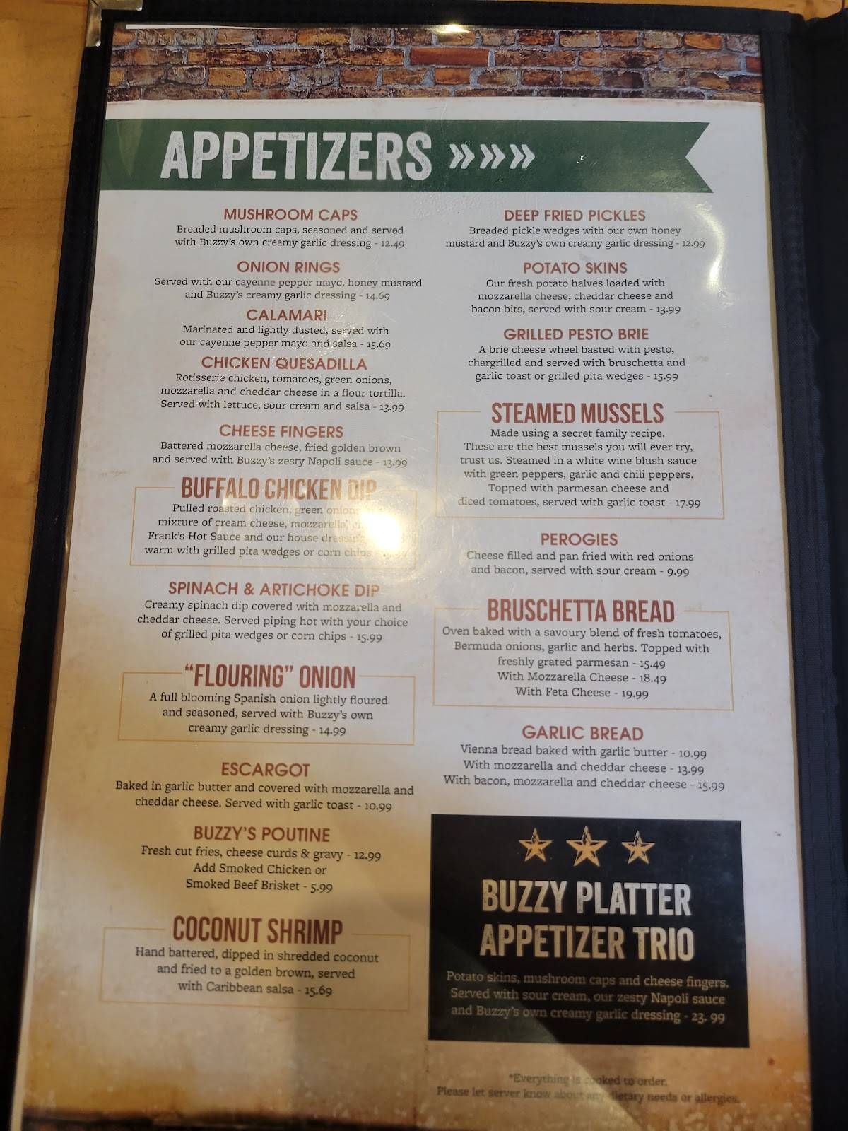 Menu at Buzzy Brown's Brasserie restaurant, Sudbury