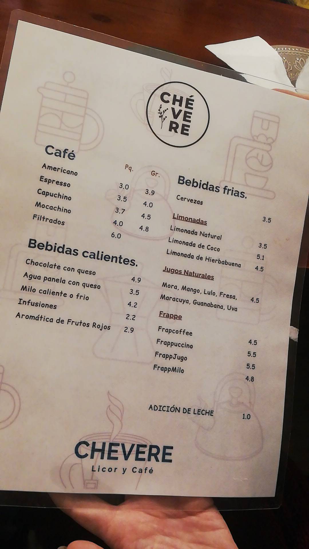 Carta de CHÉVERE licor y café, Bogotá