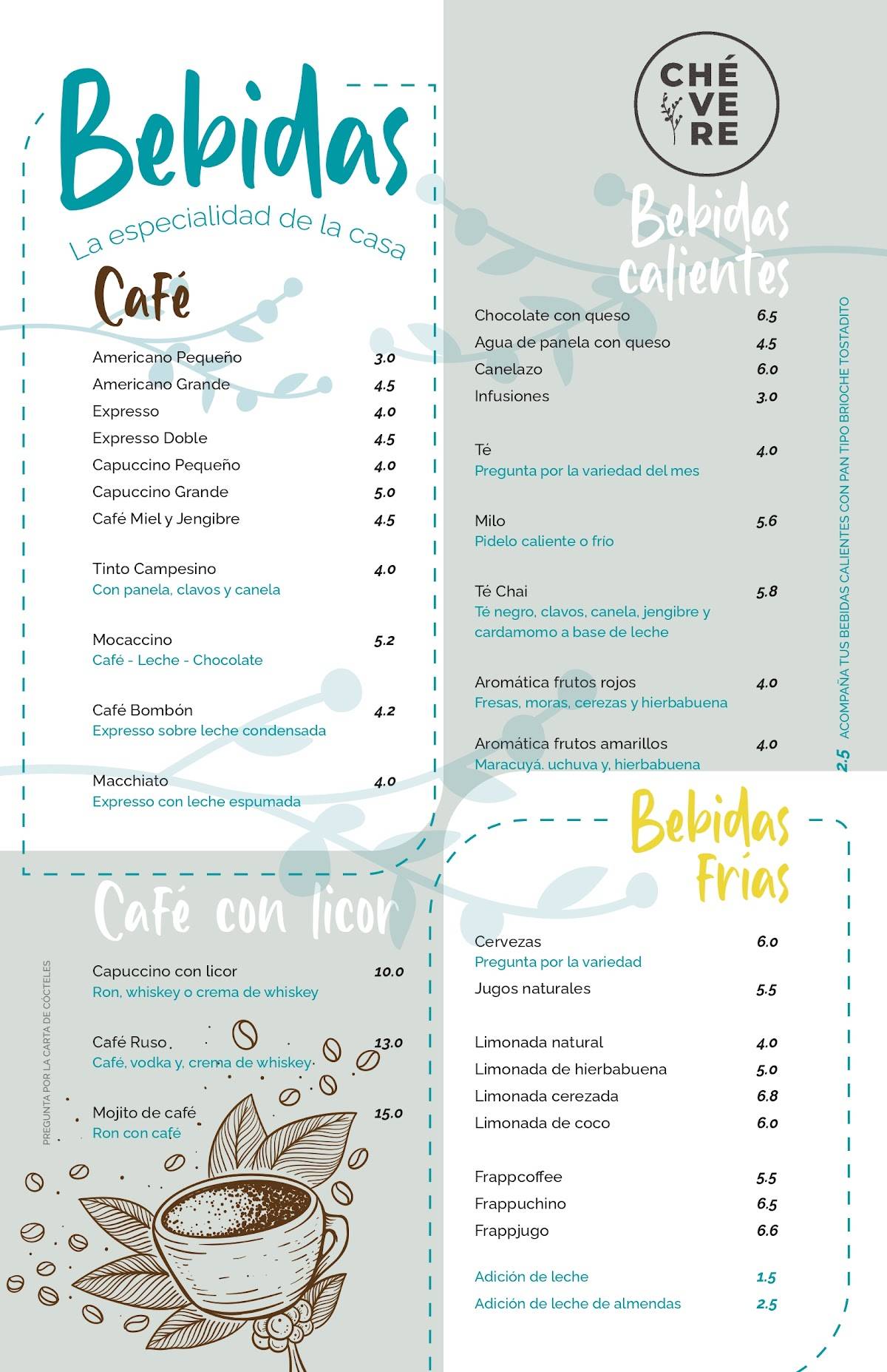 Carta de CHÉVERE licor y café, Bogotá