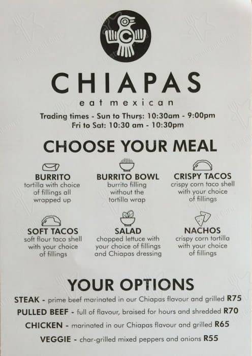 Menu at CHIAPAS eat mexican - Rosebank restaurant, Johannesburg, Shop ...