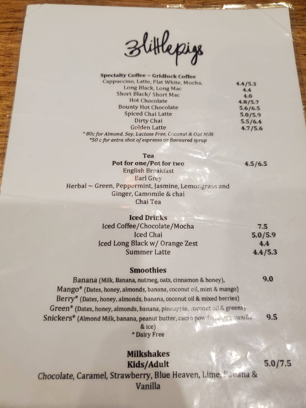Menu at 3 Little Pigs cafe, Gisborne, shop 1/30A Aitken St
