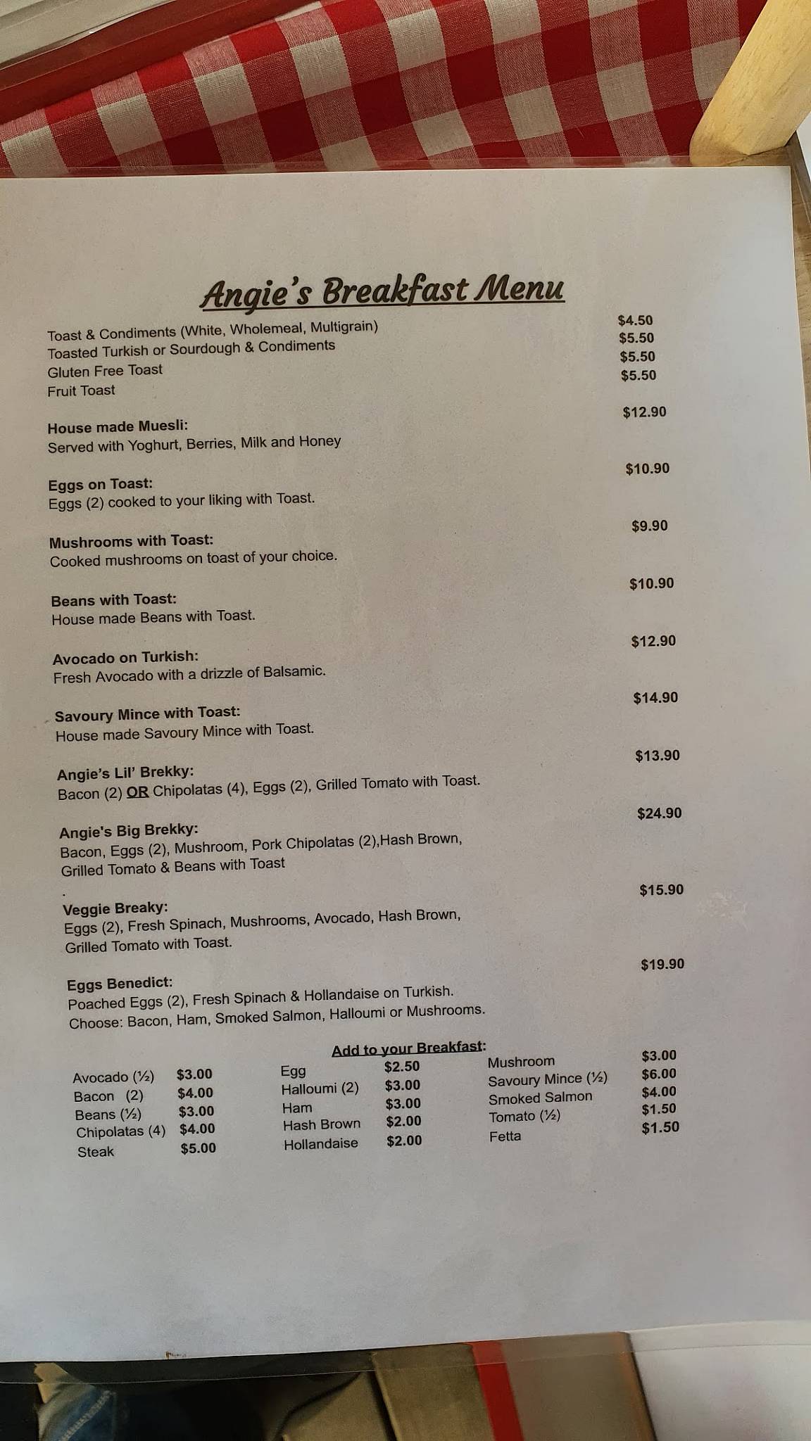Menu at Angie’s Country Cafe, Esk