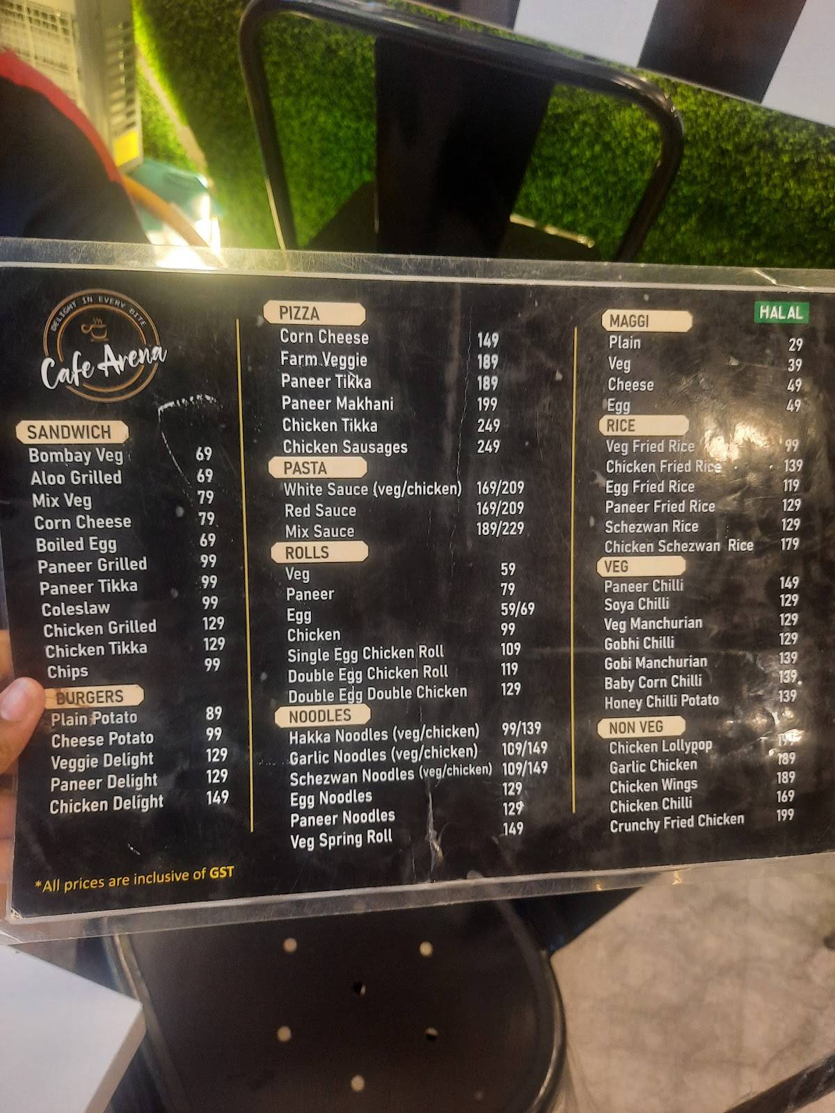 Menu at Cafe Arena, Bengaluru