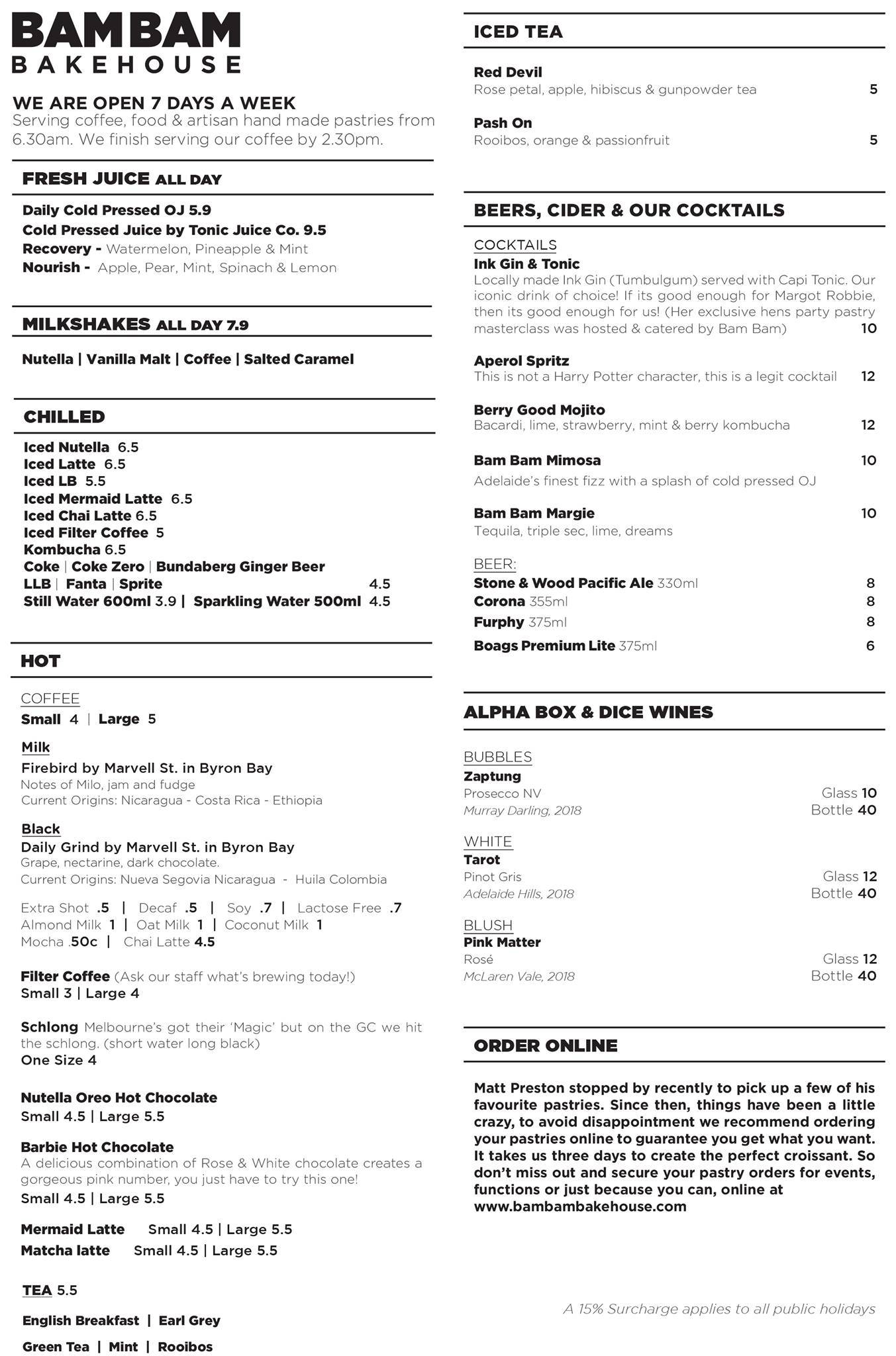 Menu at Bam Bam Bakehouse cafe, Mermaid Beach